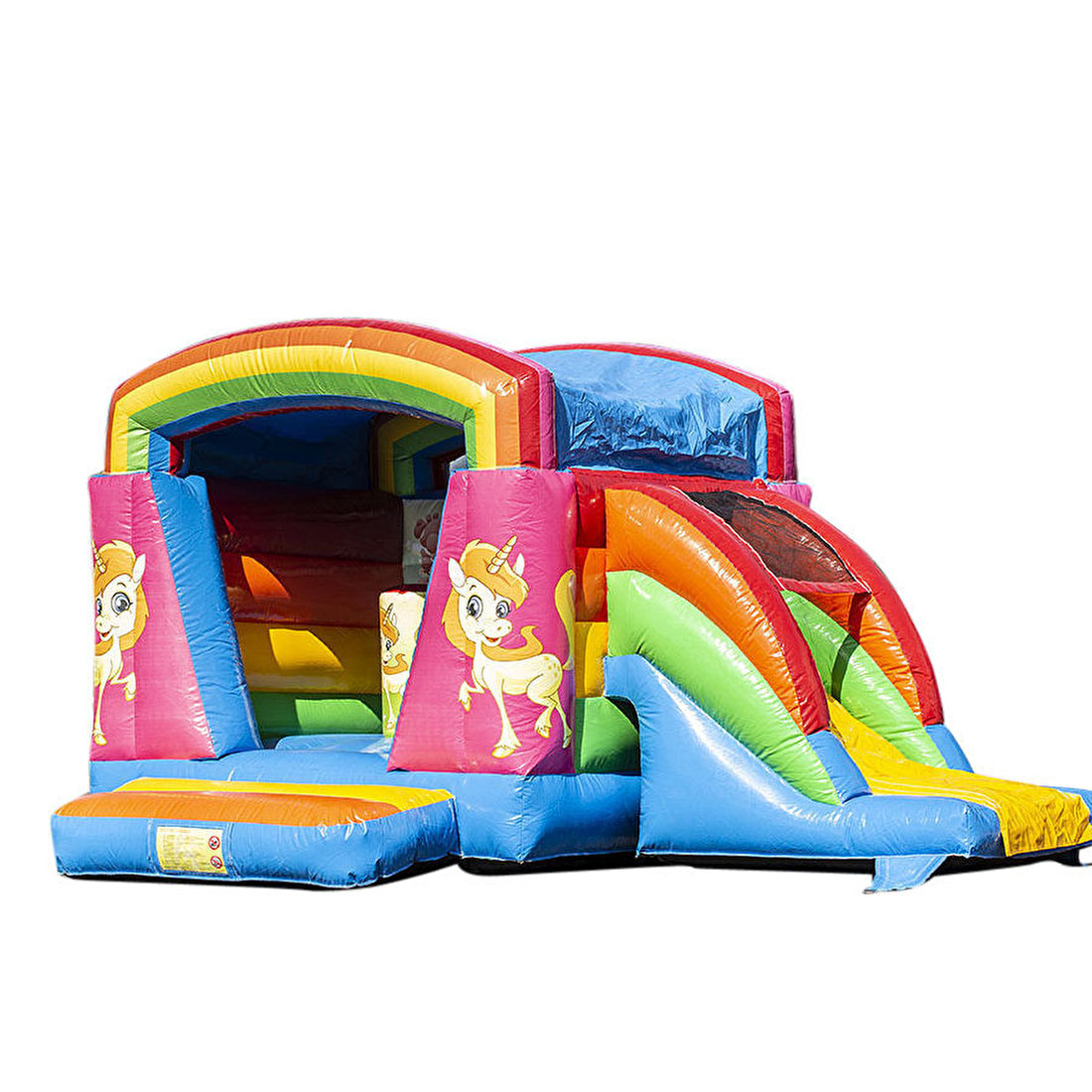 Unicorn springkussen huren. Een springkussen met glijbaan en obstakeltje.